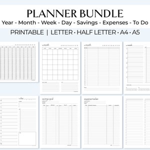 Printable Planner Bundle, Year, Month, Week, Day, Savings, Expenses ...