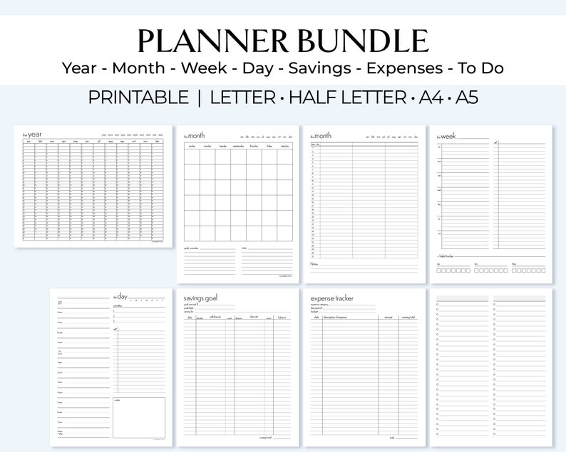 Printable Planner Bundle, Year, Month, Week, Day, Savings, Expenses ...