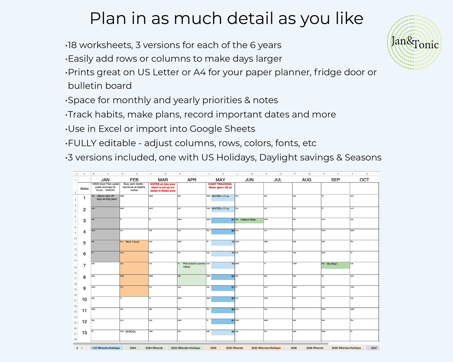 Year Planner Excel Spreadsheet, Family, School, Professional, Travel ...