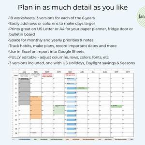 Year Planner Excel Spreadsheet, Family, School, Professional, Travel ...