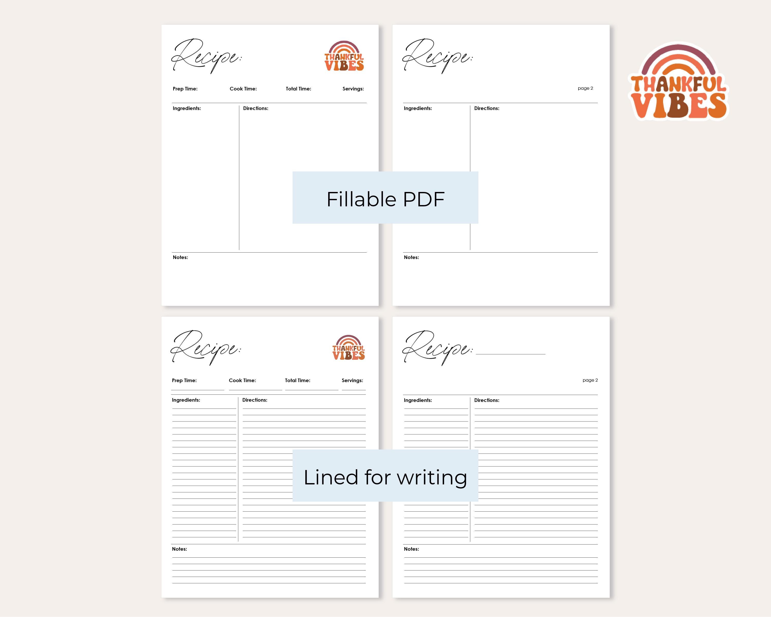 Editable Printable Recipe Template for Thanksgiving & Friendsgiving, 3 ...