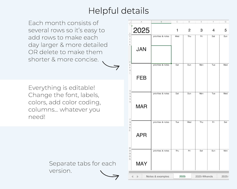 2025 Year Planner Excel Spreadsheet for Habits, Students, Professionals ...