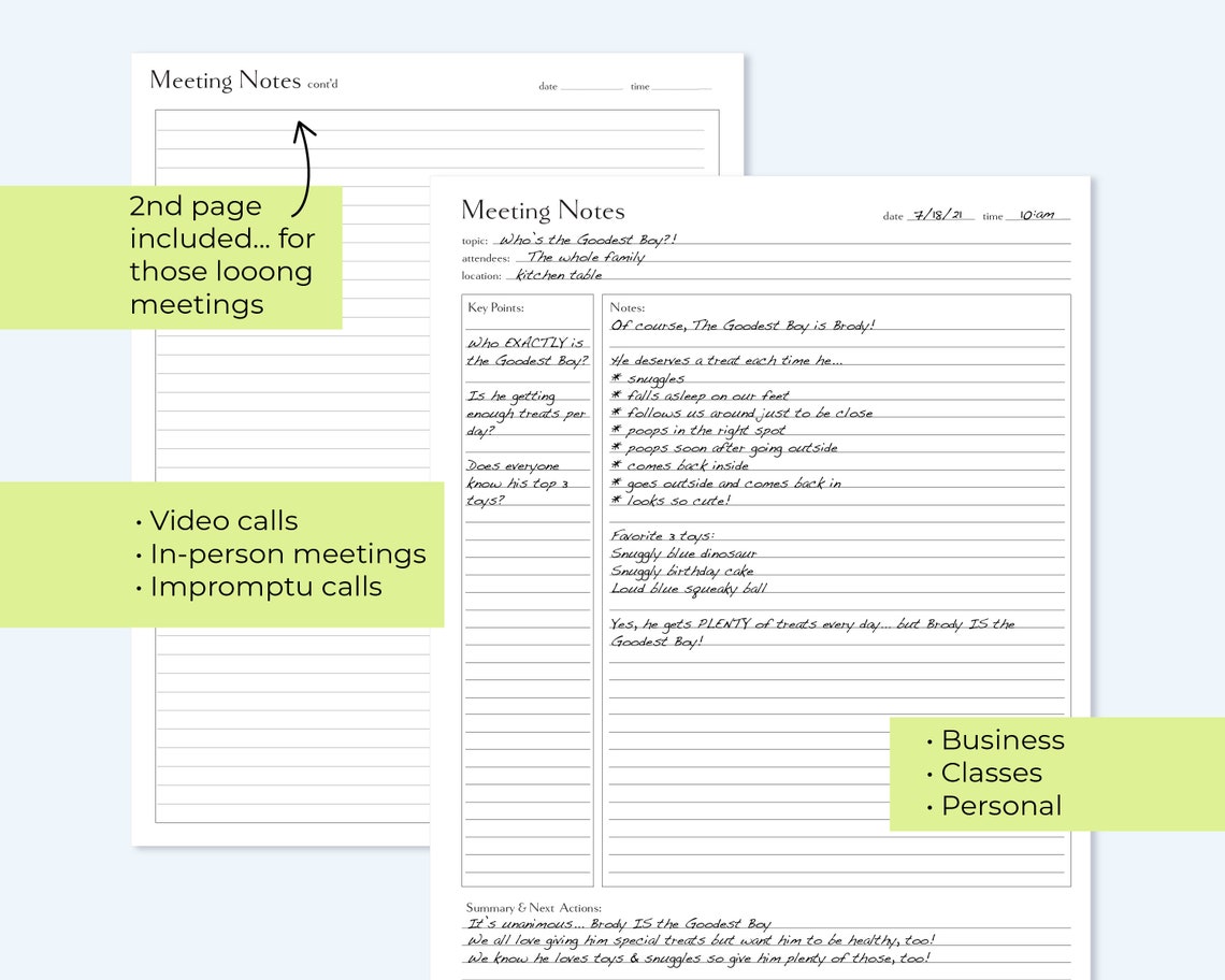 Meeting Minutes Printable, Note Taking Agenda, Professional, School ...