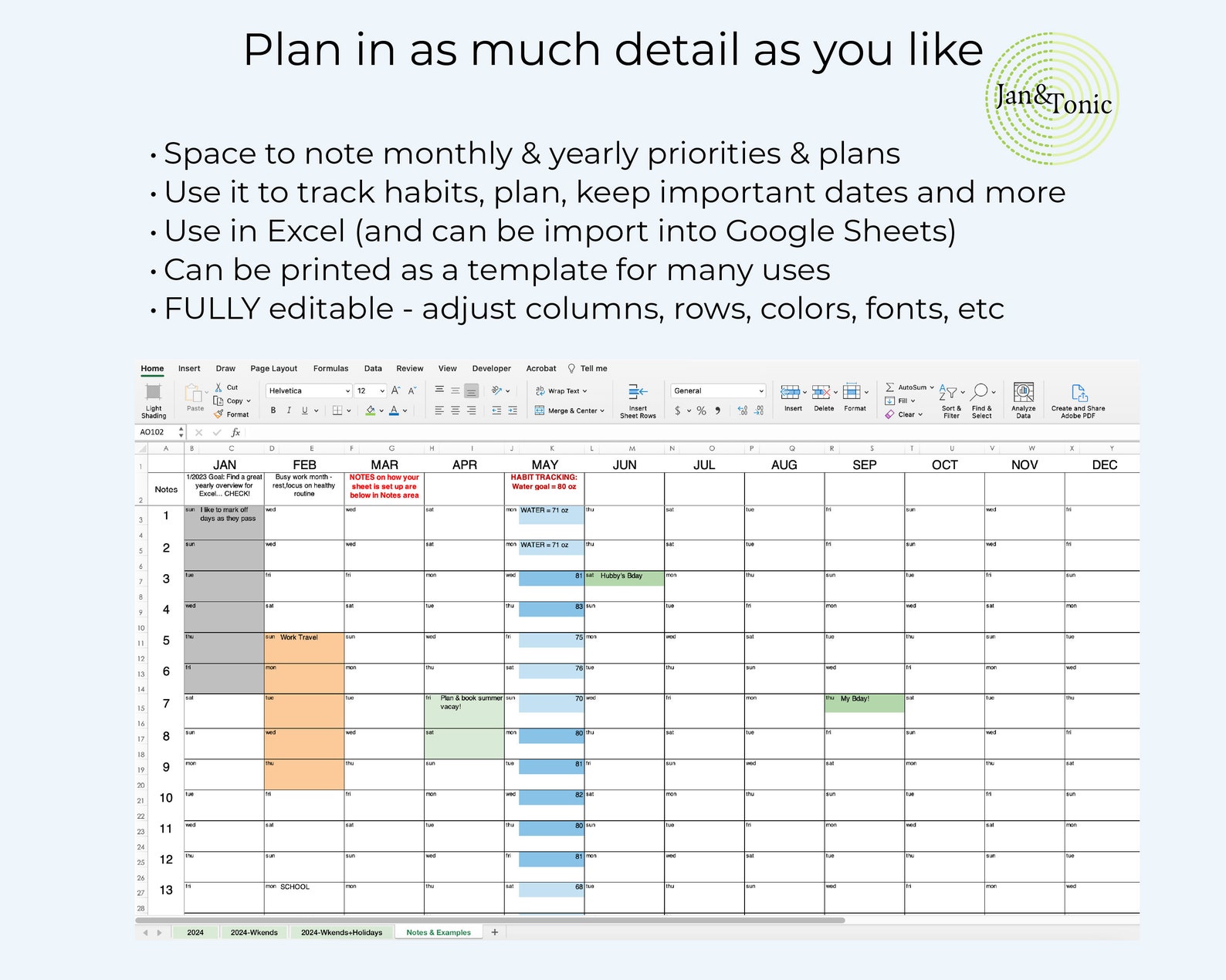 2025 Year Planner Excel Spreadsheet for Habits, Students, Professionals ...