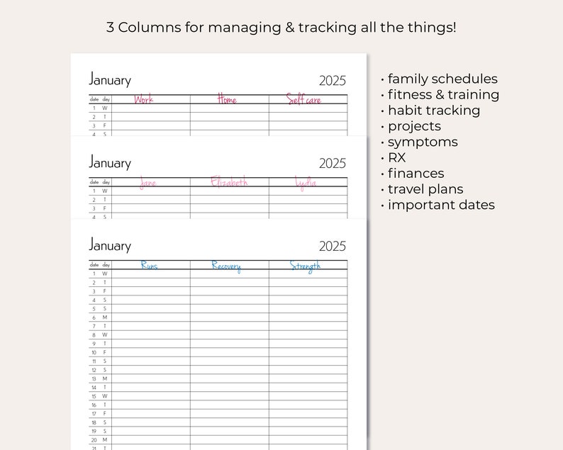 2025 Printable Monthly Planner, 3 Column Insert for Travel, Study ...