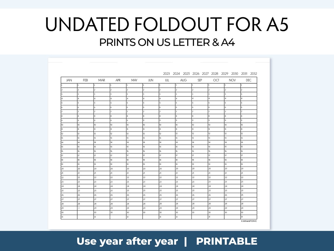 Printable Year Planner, Undated Foldout for A5 Planners, Prints on US ...