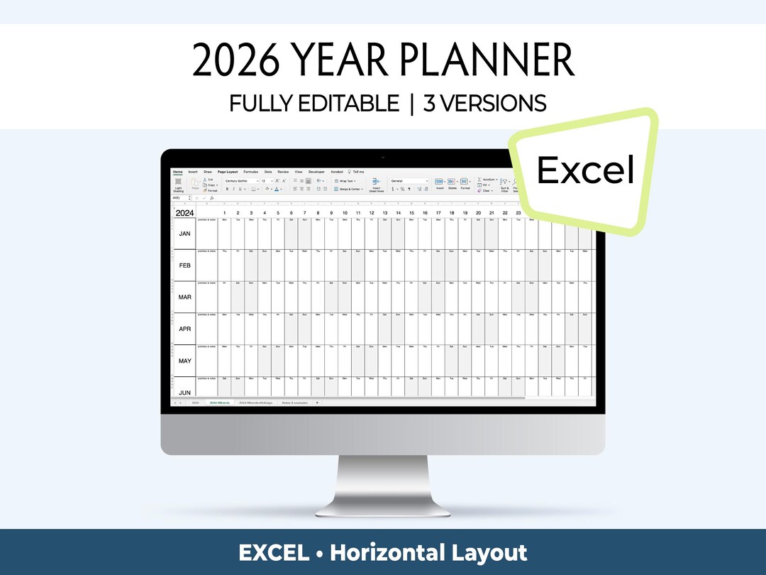 2026 Year Planner, Fully Editable Excel Spreadsheet (digital Download ...