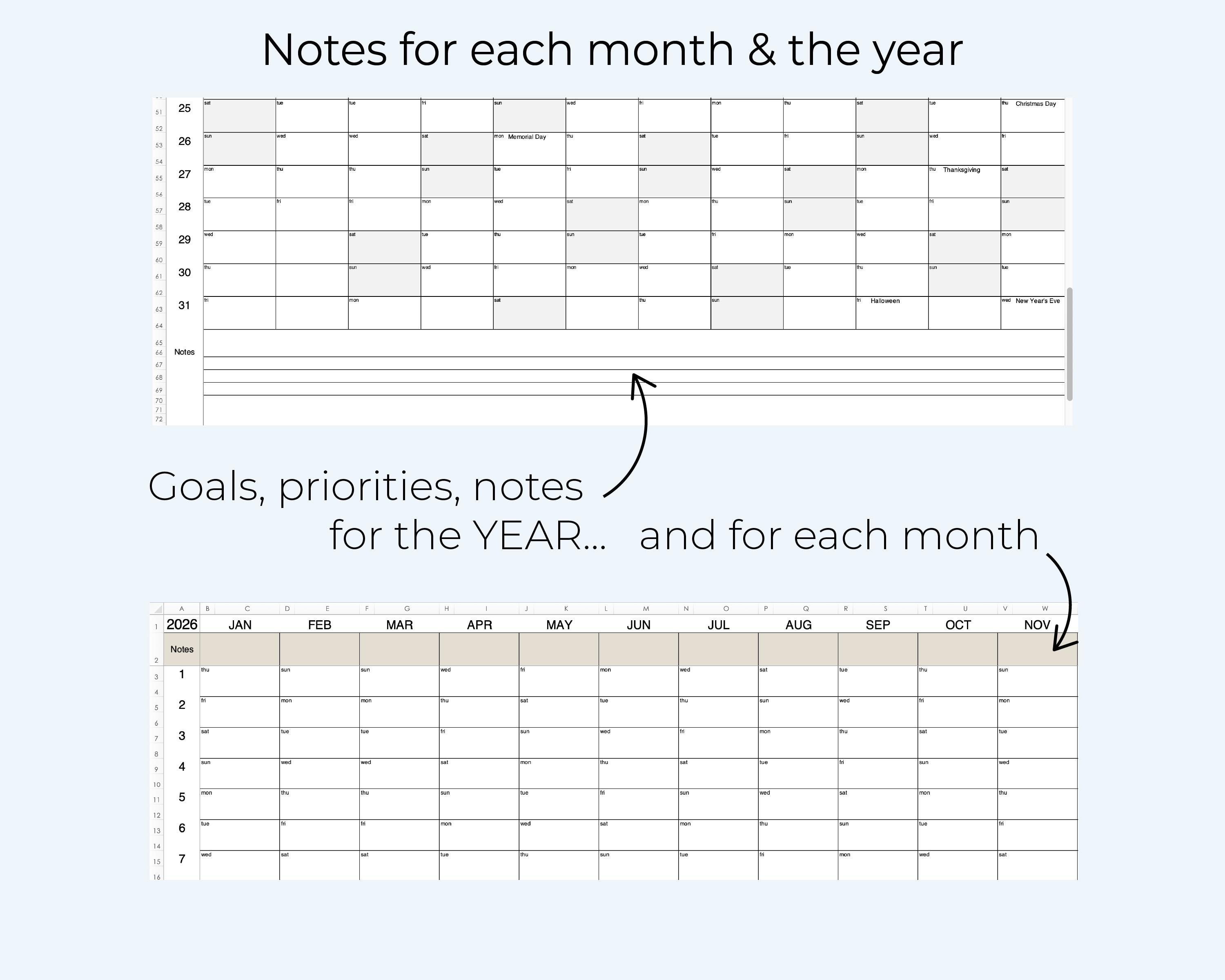 Year Planner Excel Spreadsheet, Family, School, Professional, Travel ...