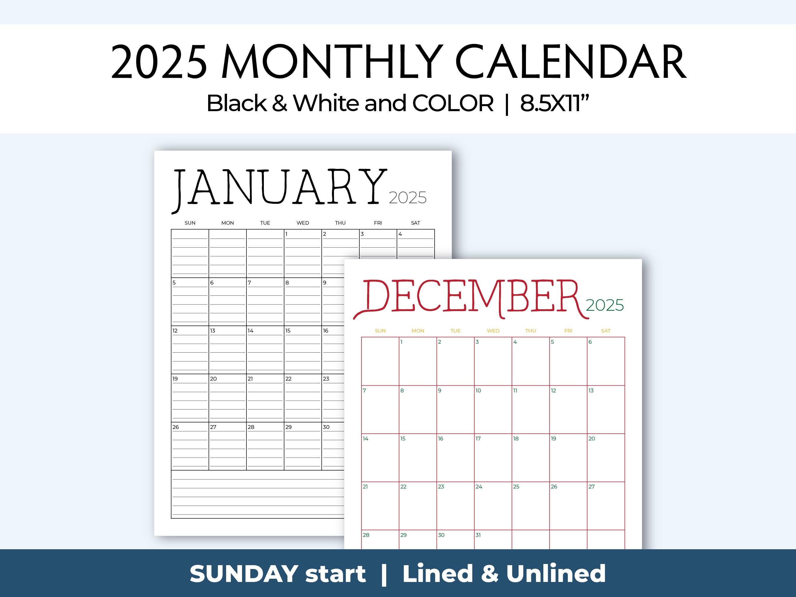 2025 Monthly Lined & Unlined Calendars, Printable PDF Inserts, Digital ...