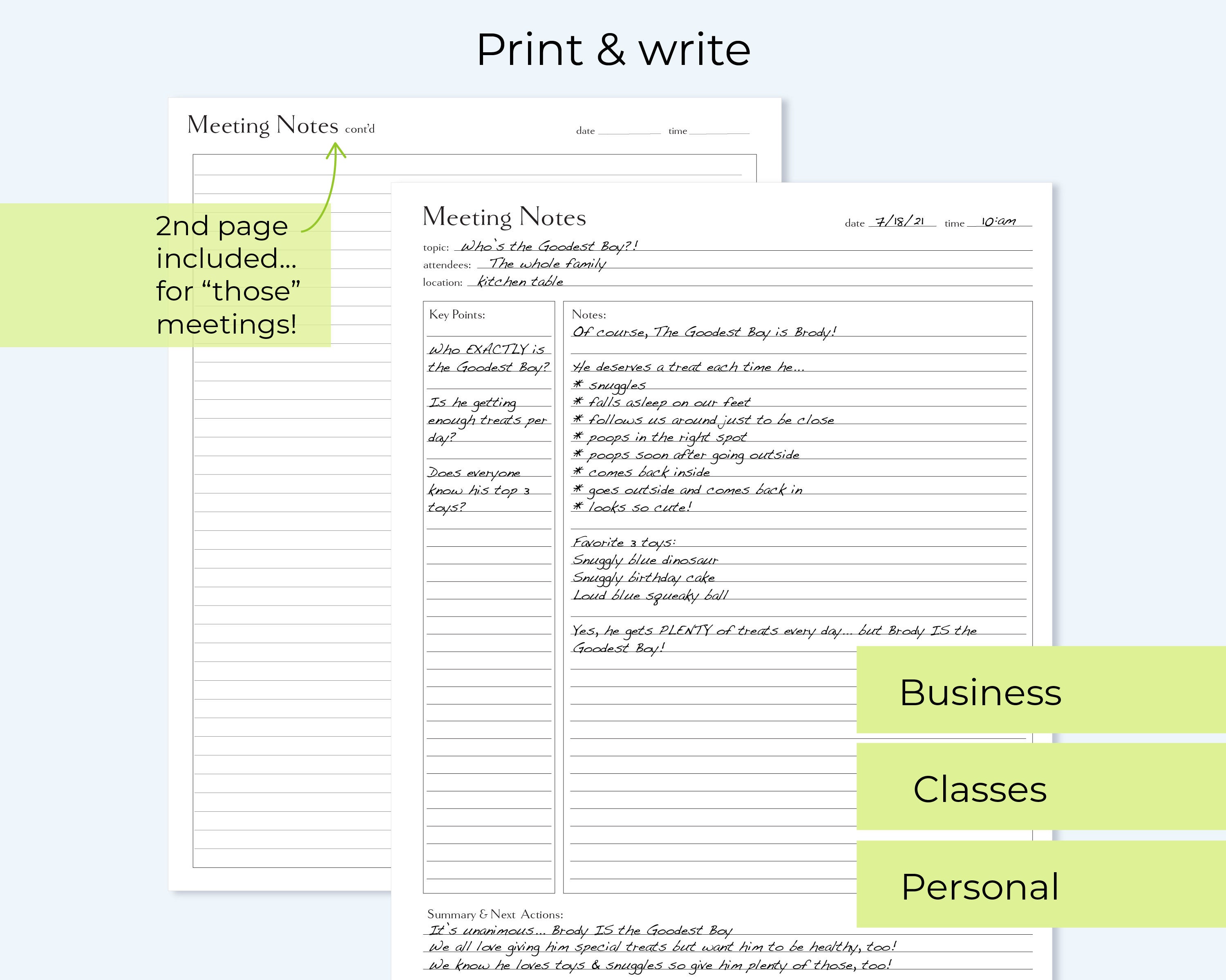 Meeting Minutes Printable, Note Taking Agenda, Professional, School and ...