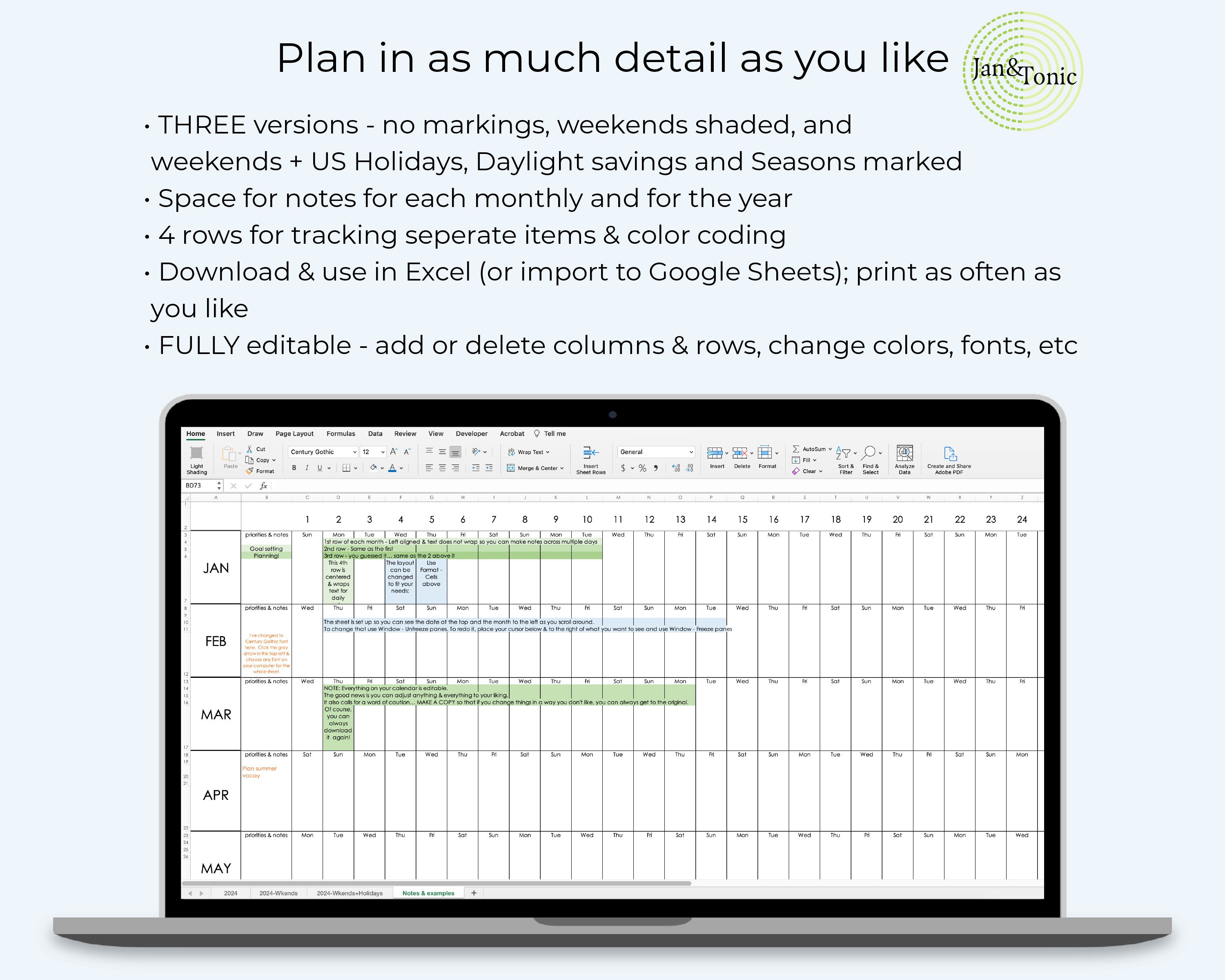 2024 Year Planner Excel Spreadsheet for Habits, Students, Professionals ...