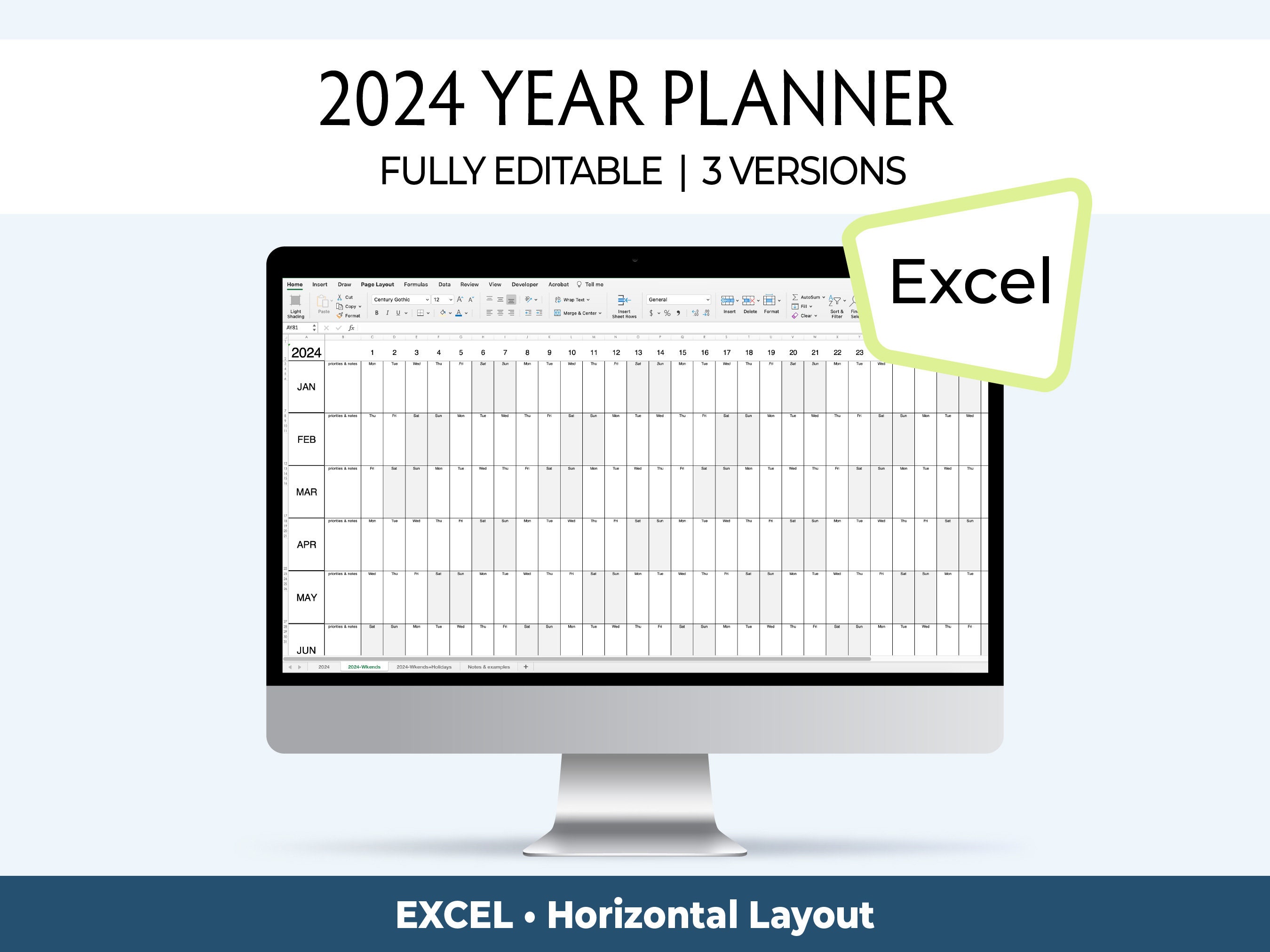 2024 Year Planner Excel Spreadsheet for Habits, Students, Professionals ...