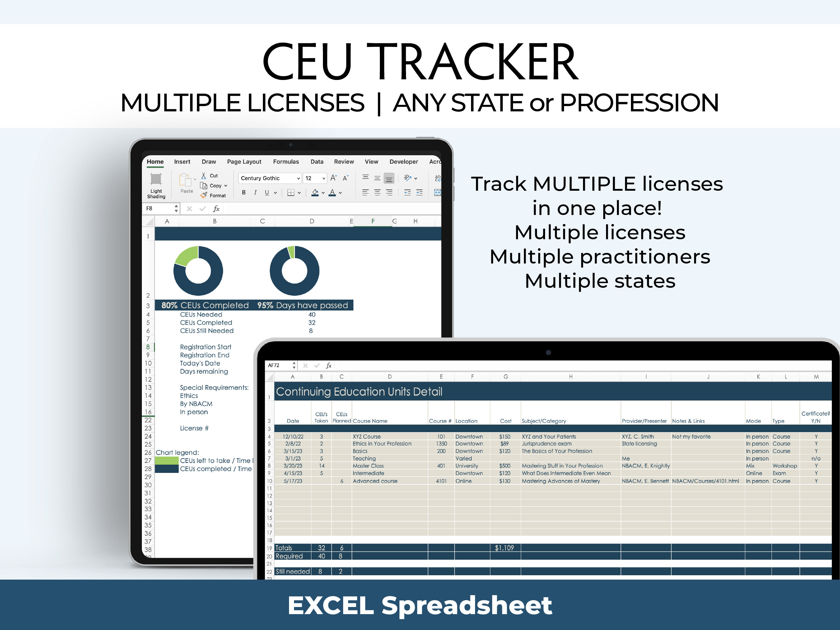Multiple License Continuing Education Tracker Excel Spreadsheet, CEU ...
