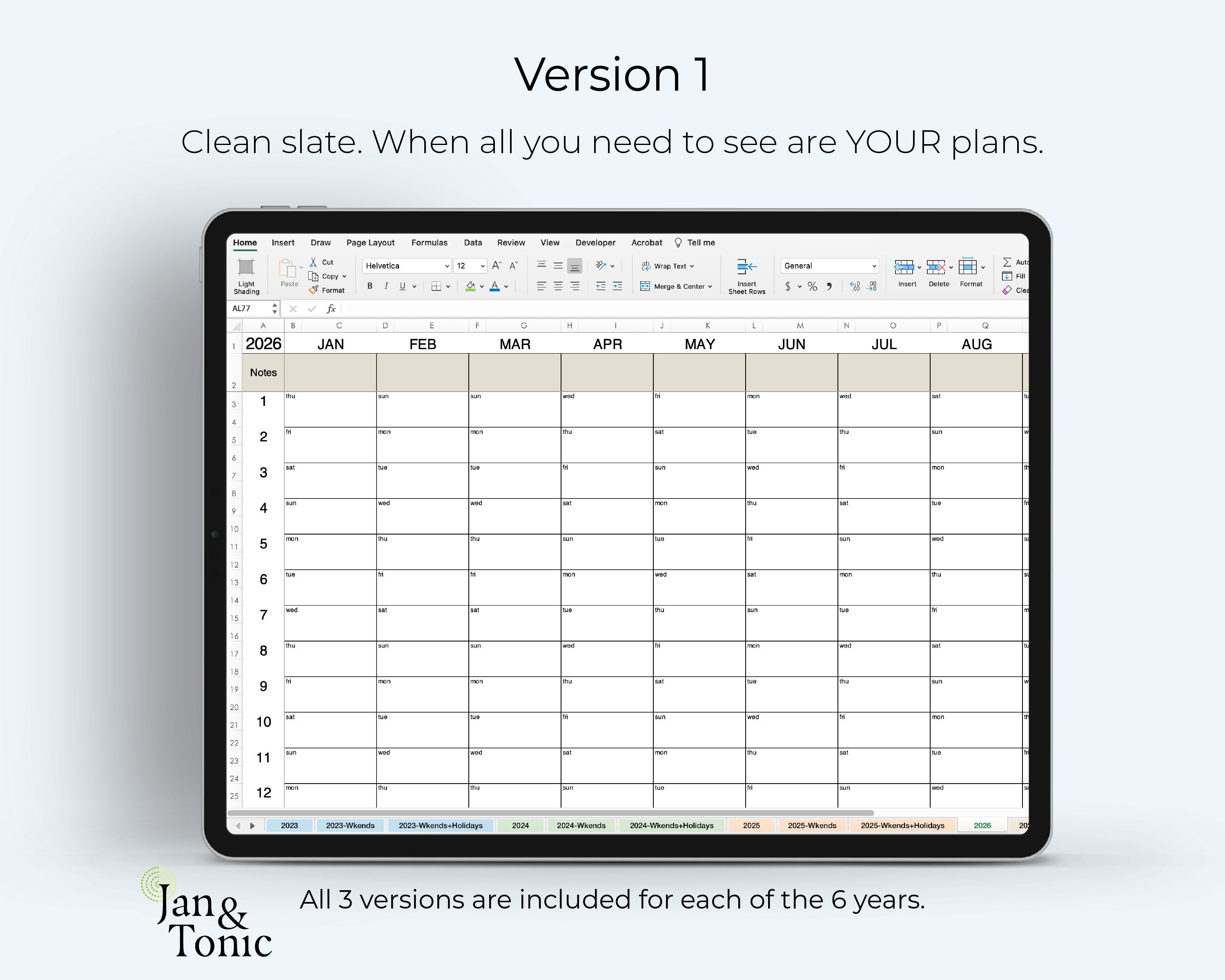 Year Planner Excel Spreadsheet, Family, School, Professional, Travel ...