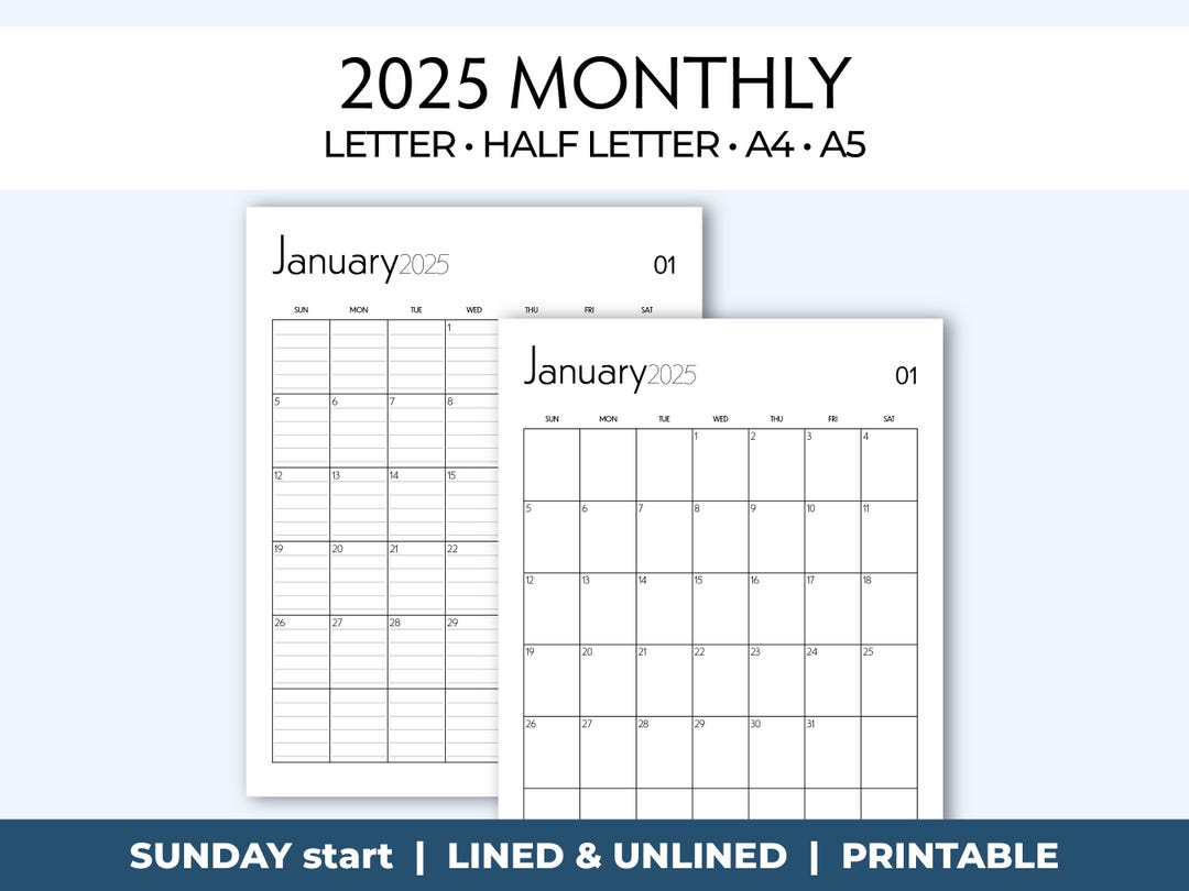 2025 Monthly Calendar, Printable Insert, Minimalist Lined & Unlined ...