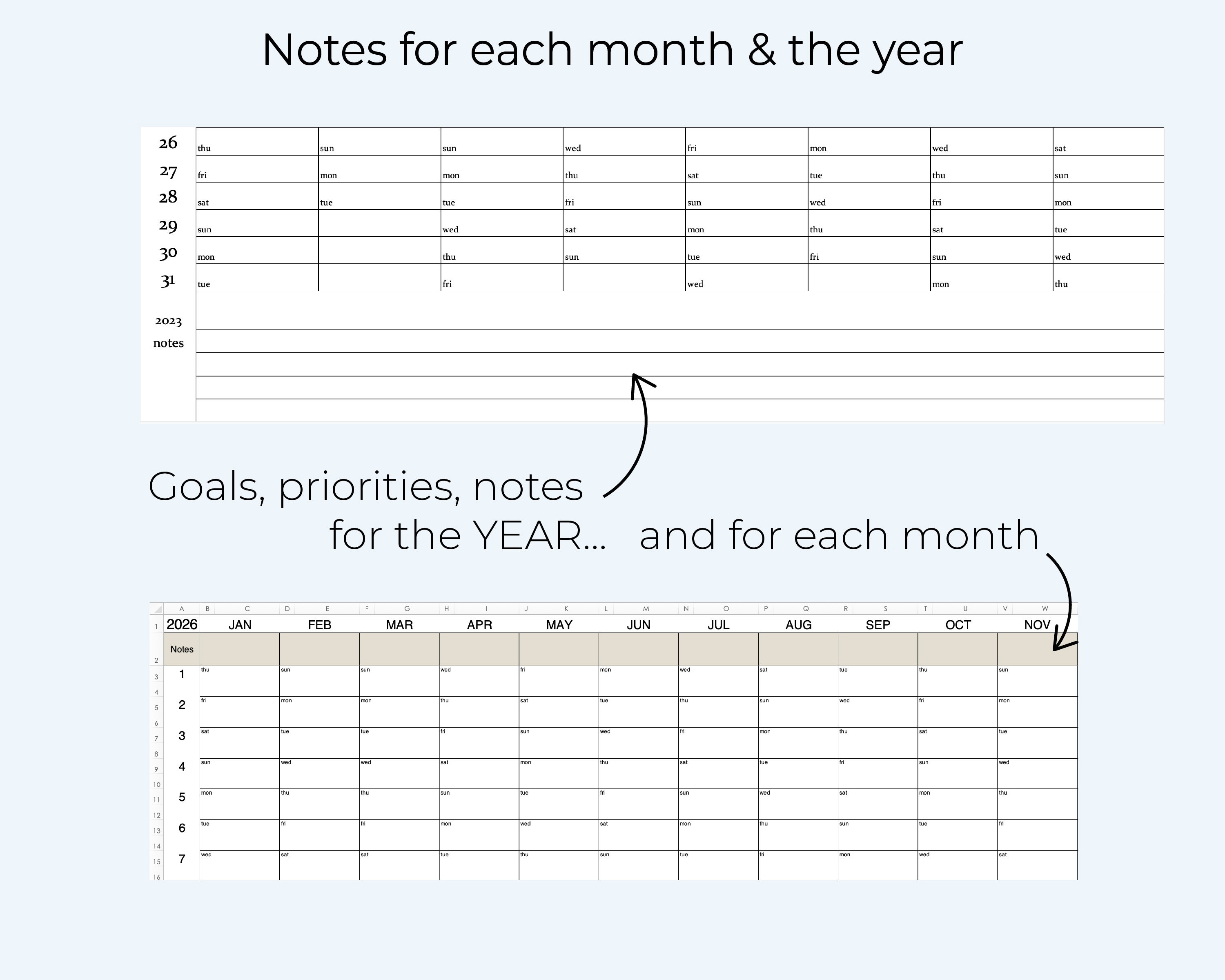 Year Planner Excel Spreadsheet, Family, School, Professional, Travel ...