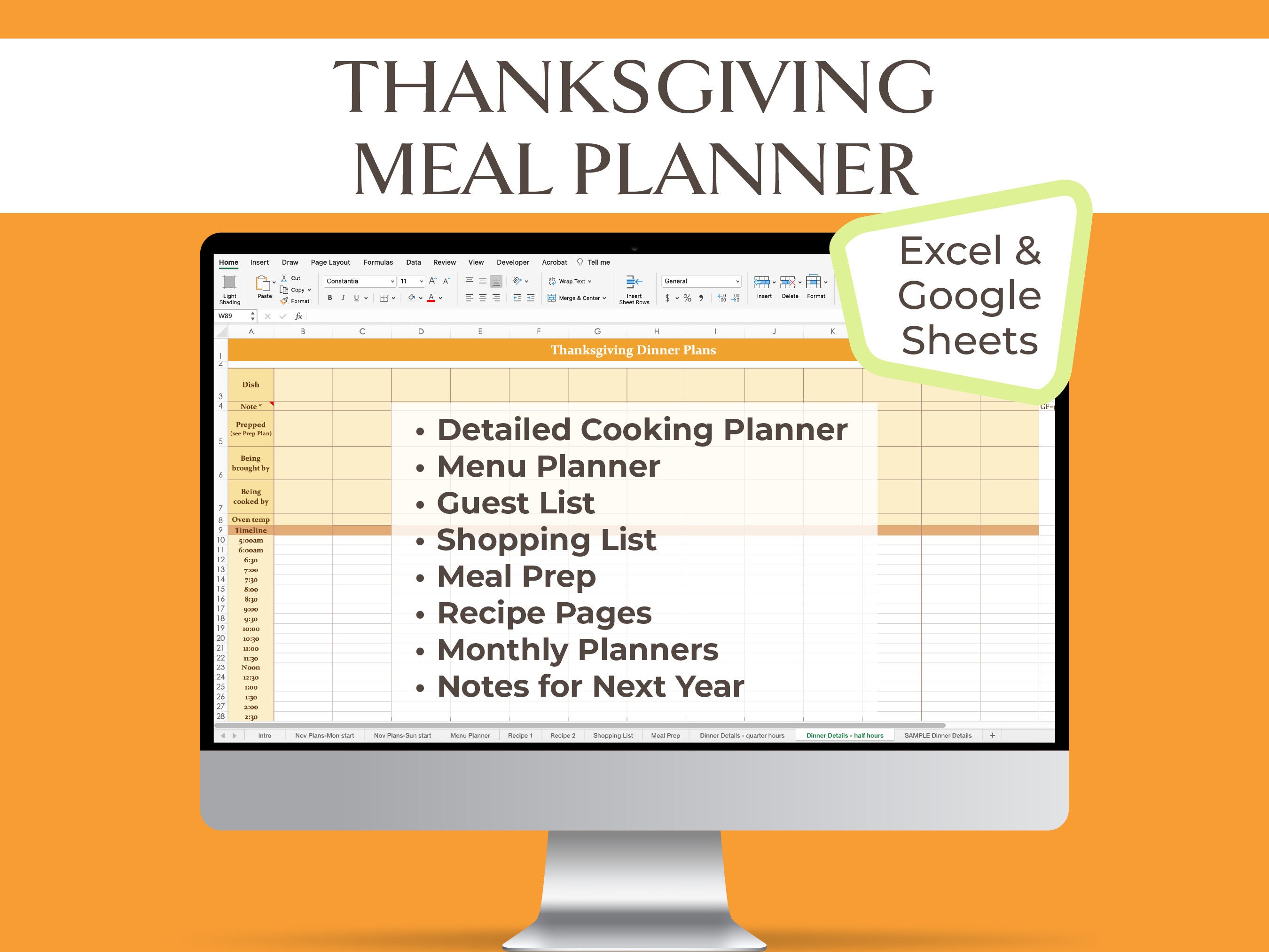 Meal Planner Spreadsheet for Thanksgiving, Friendsgiving Dinner. Menu ...