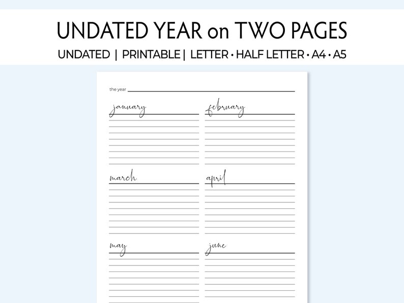 Printable Yearly Planner, Year at a Glance, Minimalist Two Page ...