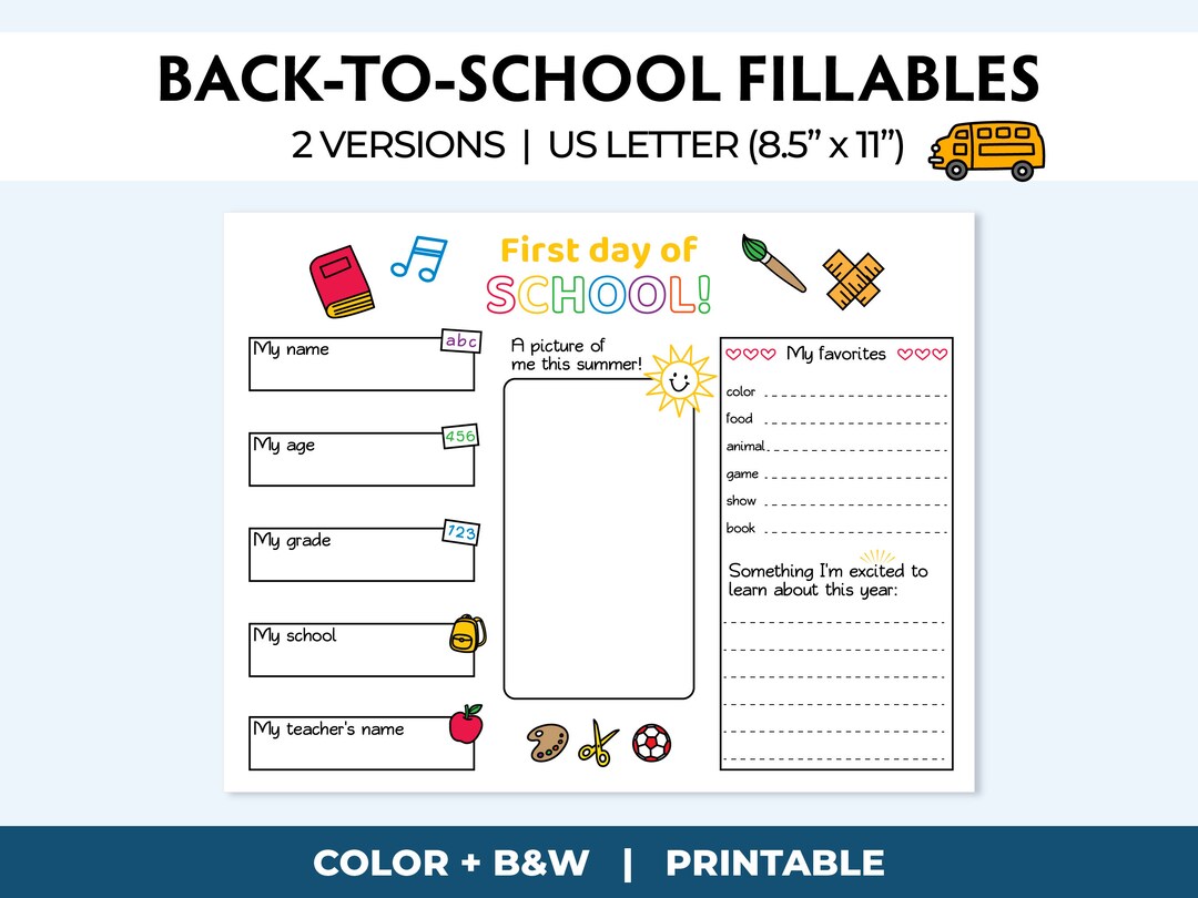 1st Day of School Printable Student Questionnaire. Back to - Etsy