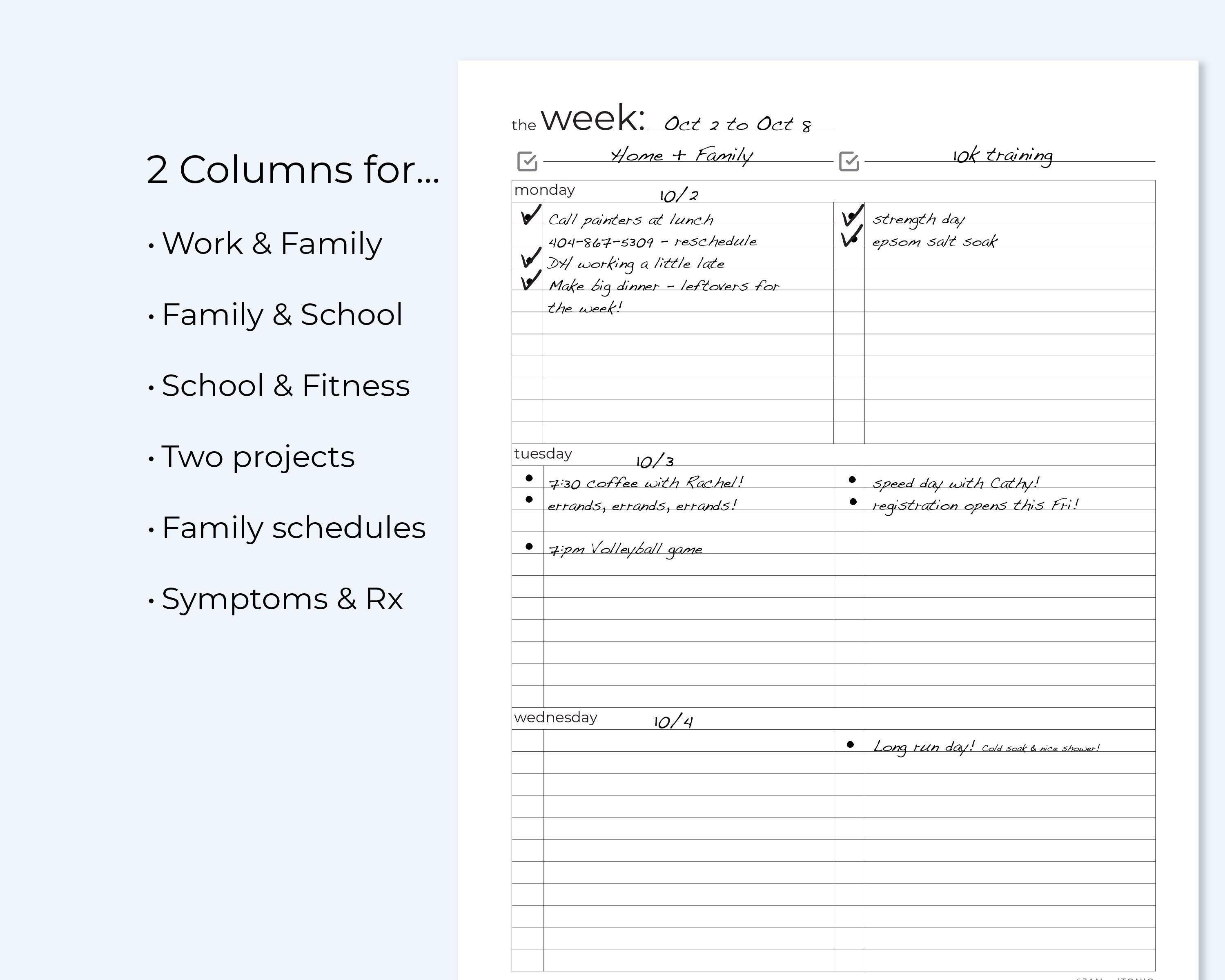 Printable Weekly Planner, Undated Week on 2 Pages, Two-column Layout ...