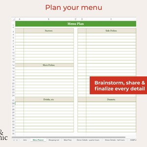 Meal Planner Spreadsheet for Hosting Dinners, Parties and More! Menu ...