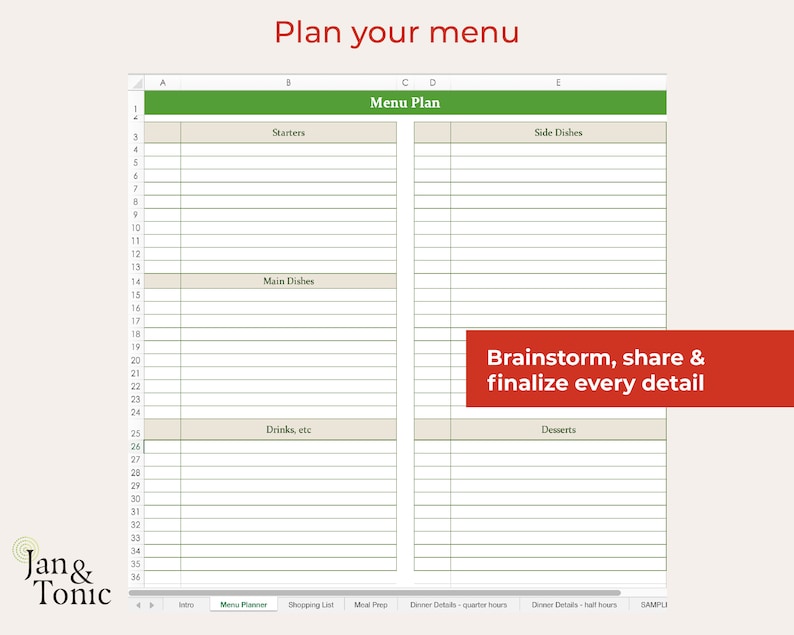 Meal Planner Spreadsheet for Hosting Dinners, Parties and More! Menu ...