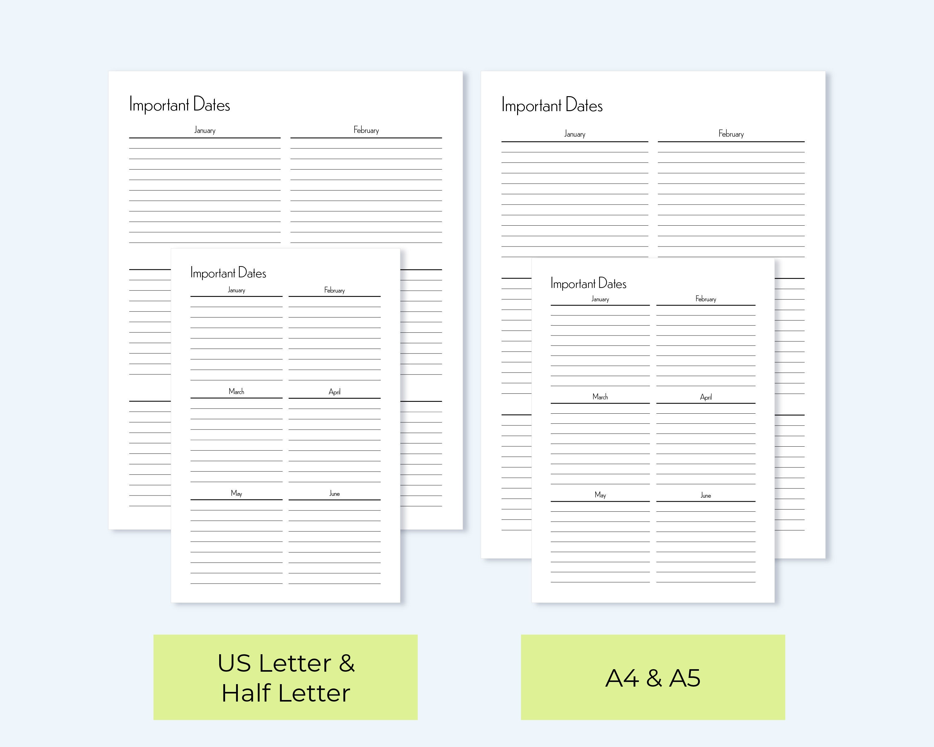 Important Dates Page, Printable List Insert for Letter, Half Letter, A4 ...