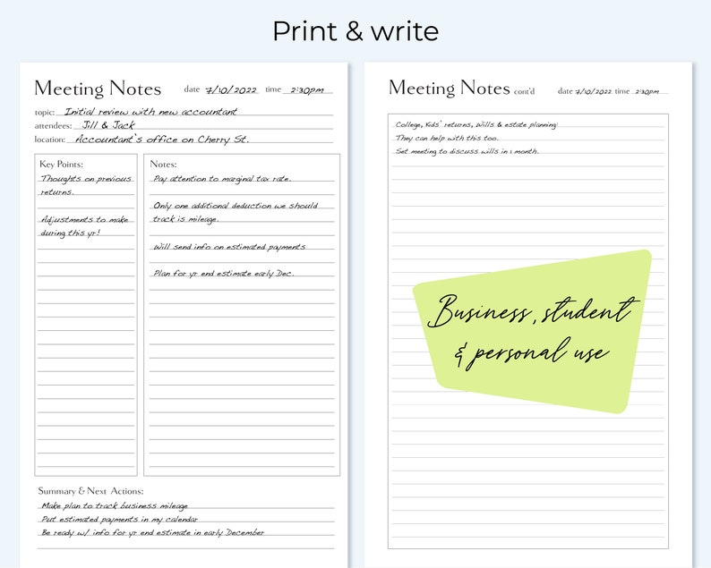 Meeting Minutes Printable, Note Taking Agenda, Professional, School ...