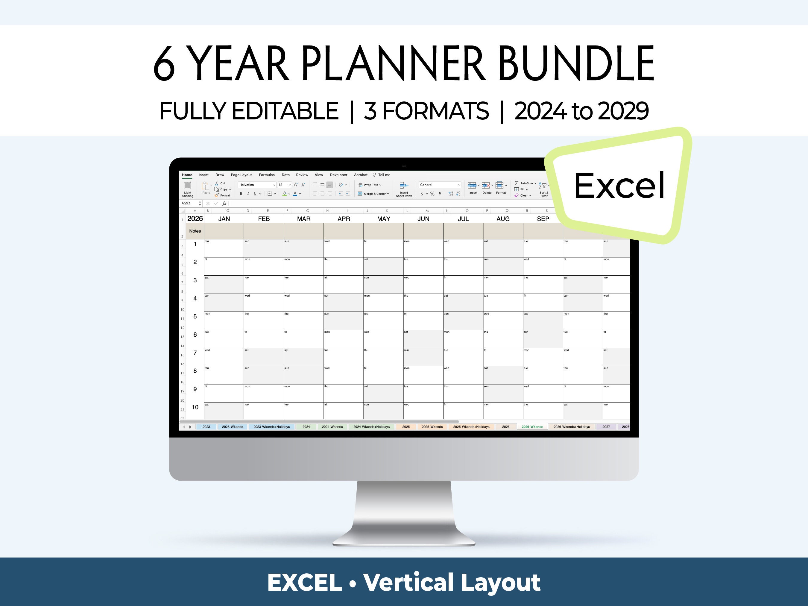 Year Planner Excel Spreadsheet, Family, School, Professional, Travel ...