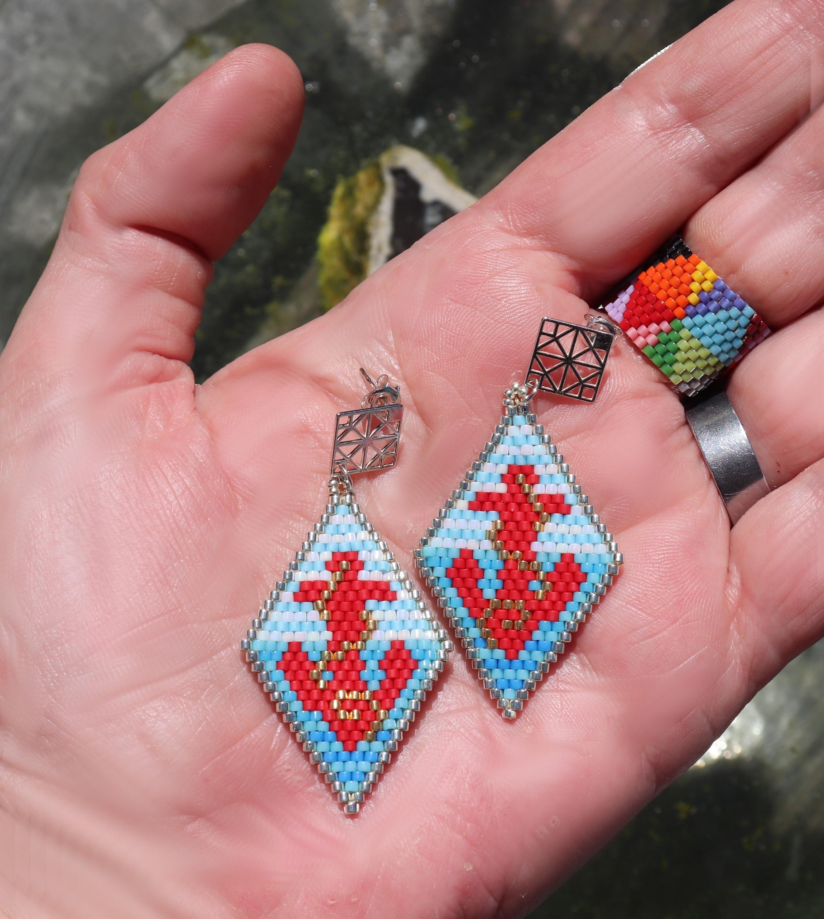 Beading Pattern Red Anchor Rhombus Earrings, Miyuki Beads, Brick Stitch ...