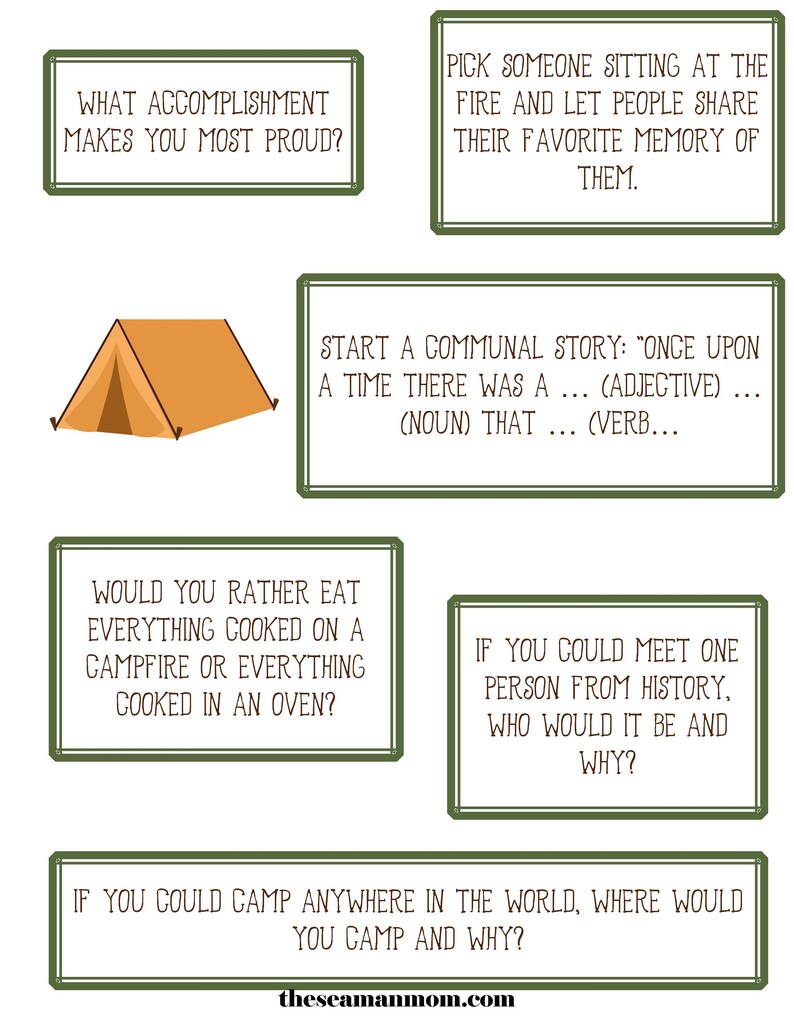 Campfire Chat Starters Printable Pack, Campfire Games, Campfire Ideas ...