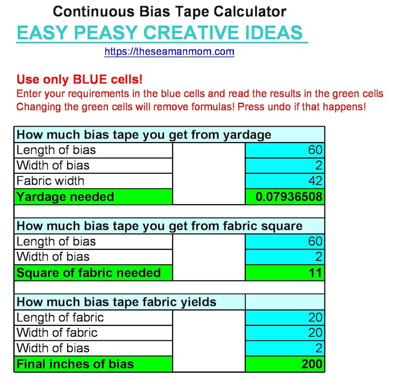 Bias Binding Calculator With Formula and Cheat Sheet, Bias Calculator ...