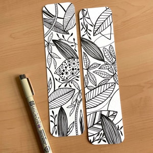 Set of 2 Botanical Hand Drawn Bookmarks - Pattern Bookmark - Leaf Art ...