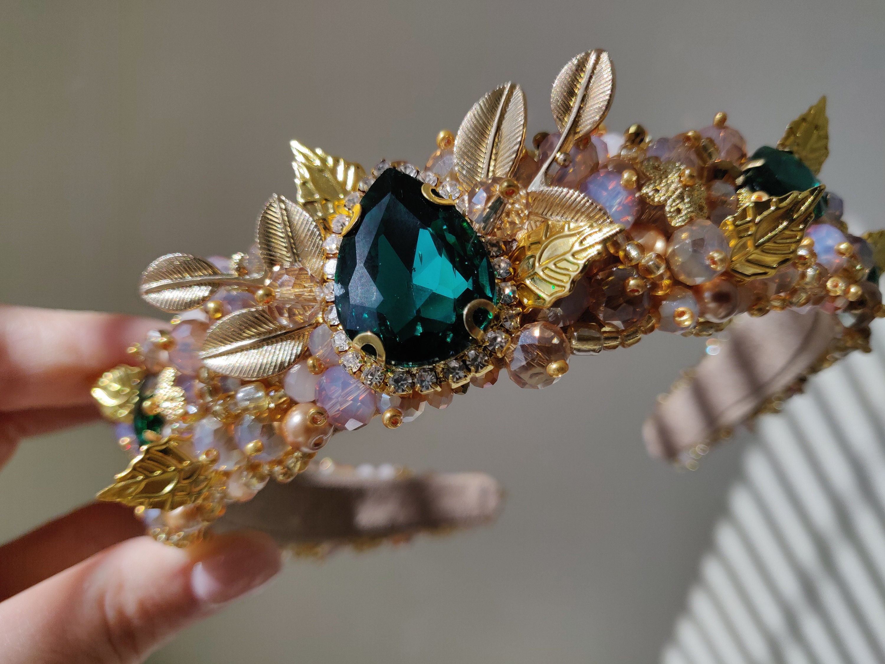 Embellished Green Gold Jeweled Headband Beaded Headbands For Etsy