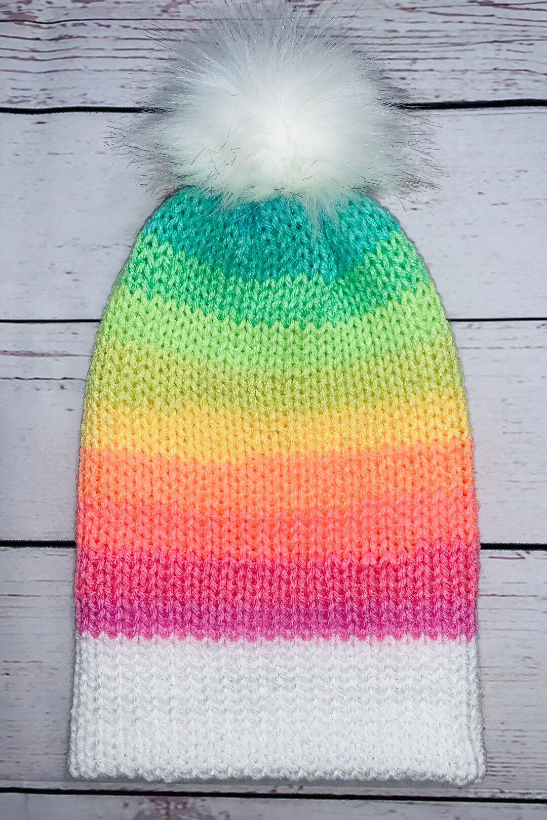 Handmade Rainbow and White Tik Tok Knit Slouchy Winter Beanie Hat W ...