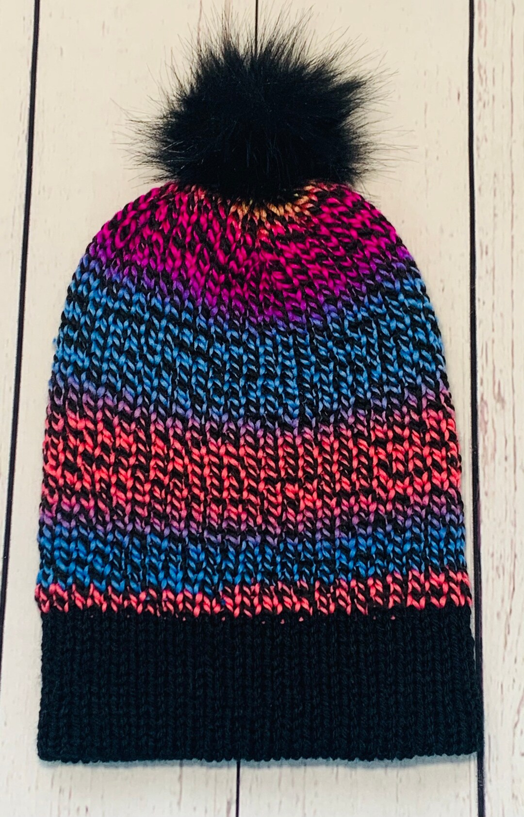 Handmade Neon Blue Pink Rainbow Tweed and Black Tik Tok Knit Slouchy ...