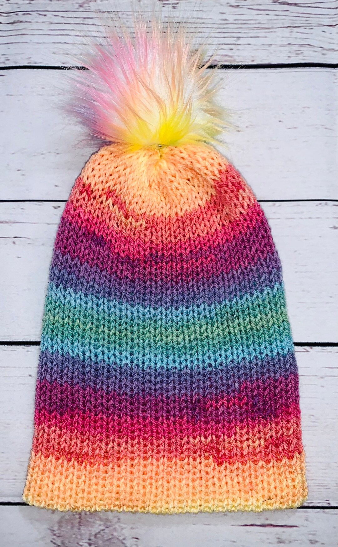 Handmade Rainbow Tik Tok Knit Slouchy Winter Beanie Hat W/removable Pom ...