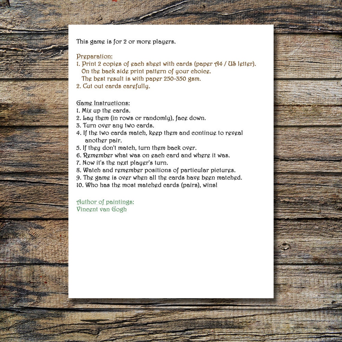 MEMORY MATCHING GAME - Vincent Van Gogh (2). Printable, Matching Cards ...