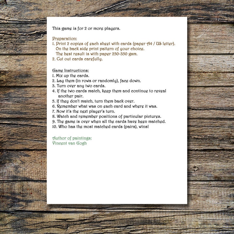 MEMORY MATCHING GAME - Vincent Van Gogh (1). Printable, Matching Cards ...