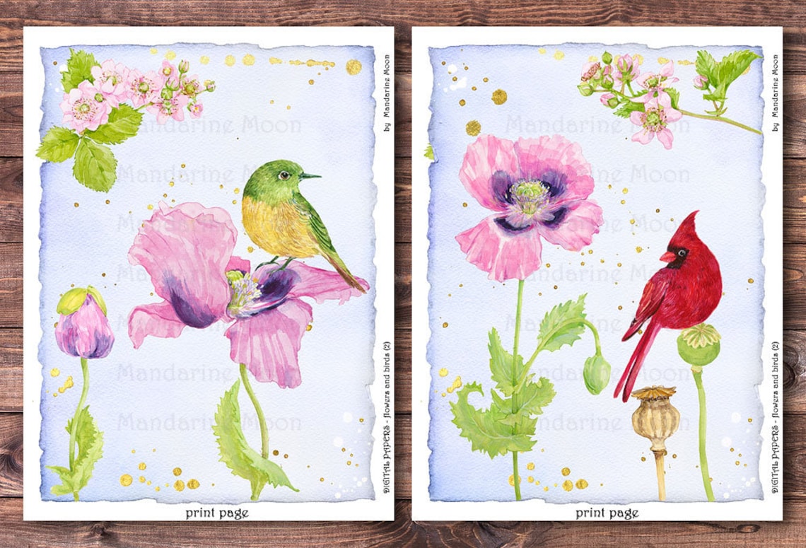 DIGITAL PAPERS - Flowers & Birds (2). Printable, Digital Paper, Collage ...