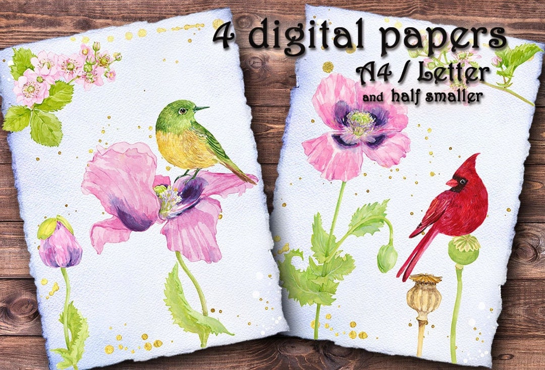 DIGITAL PAPERS - Flowers & Birds (2). Printable, Digital Paper, Collage ...