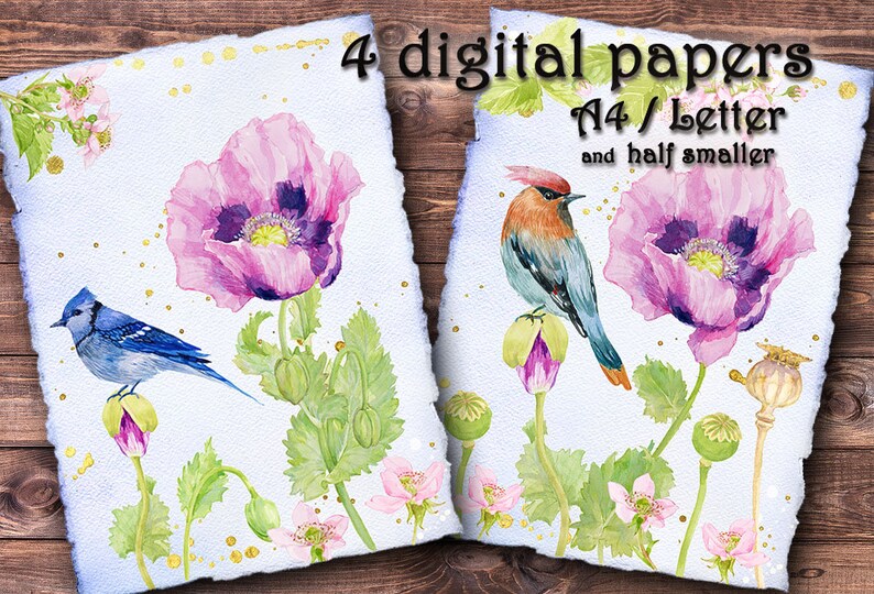 DIGITAL PAPERS - Flowers & Birds (2). Printable, Digital Paper, Collage ...