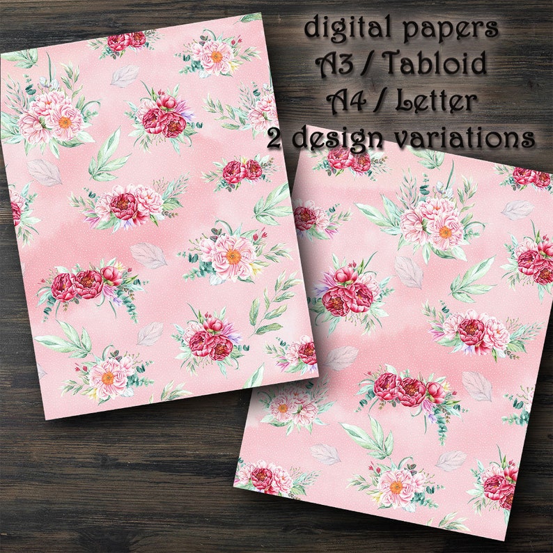 DIGITAL PAPERS - Bloomy Peonies With Leaves - Rose. Printable, Digital ...