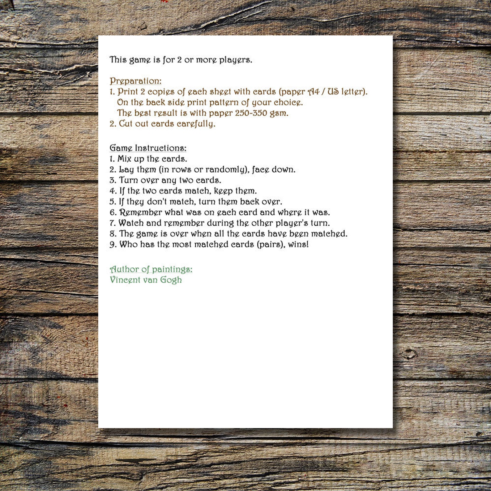 MEMORY MATCHING GAME Vincent Van Gogh 2. Printable | Etsy