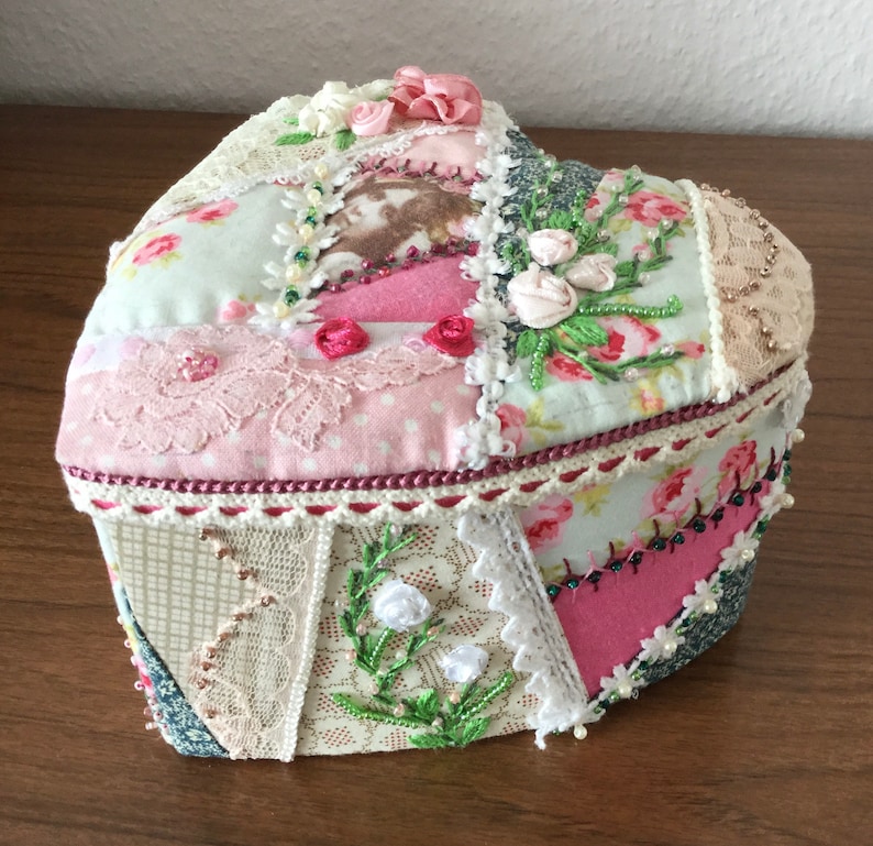 Embroidered Box. Heart Shaped Embroidered Box. Crazy Patchwork Box. - Etsy