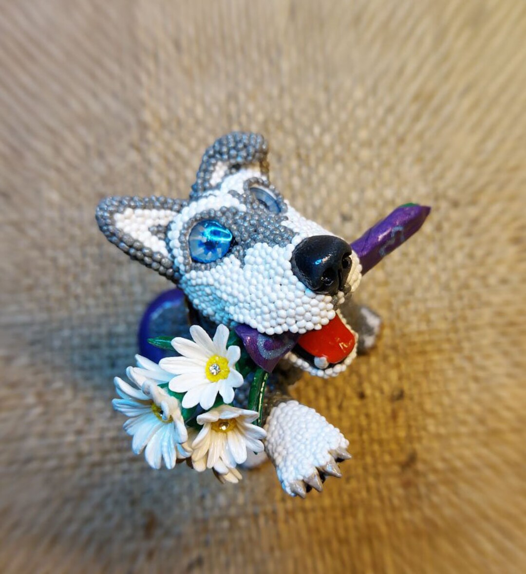 Polymer Clay Husky Dog With Daisies Figurine / Polymer Clay Figurine ...