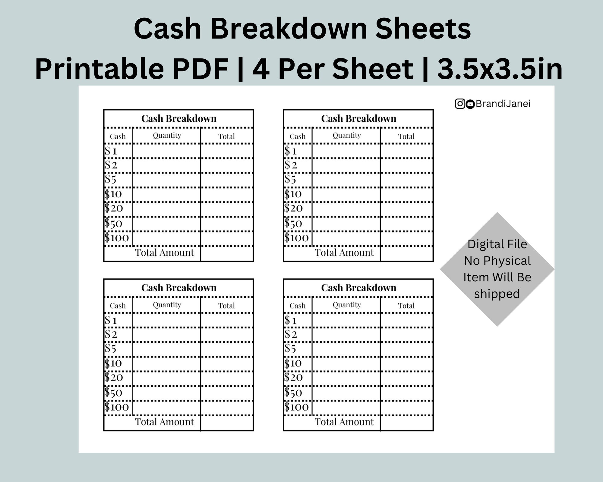 Cash Breakdown Sheet | Printable PDF | 4 per Page | 3.5x3.5 in | Cash ...