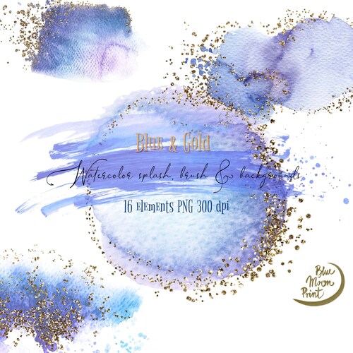 Blue and Gold Watercolor Shapes Clipart Abstract Collage Clip - Etsy