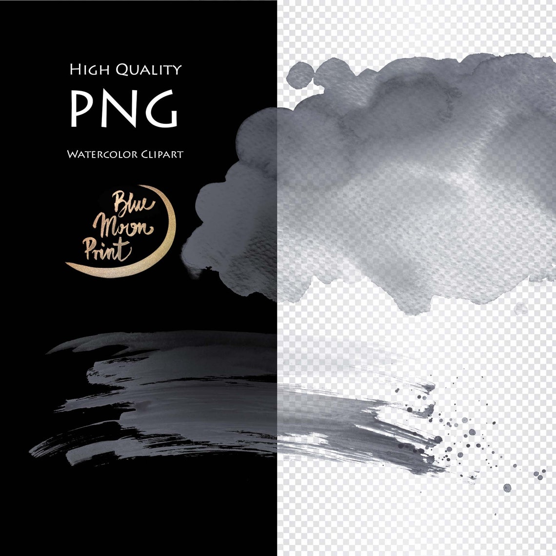 Charcoal Gray Watercolor Splashes and Brush Strokes Clip Art - Etsy