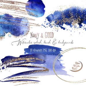 Navy Blue With Gold Watercolor Splash and Brush Stroke Clipart ...
